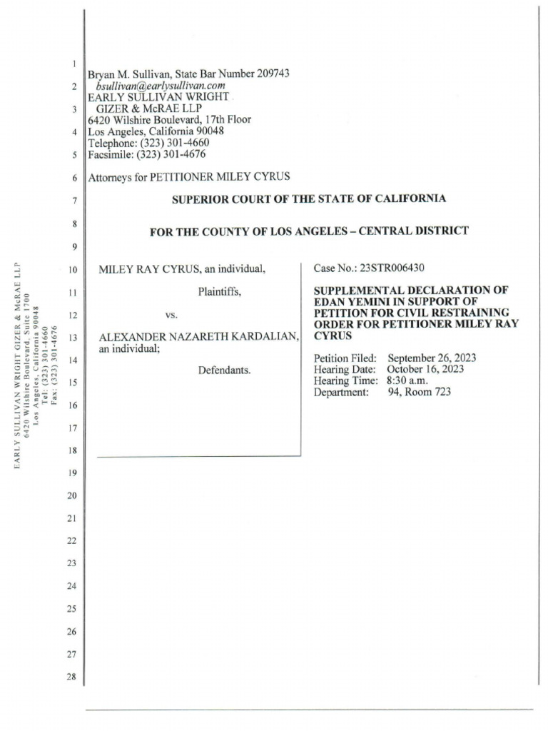 Miley Cyrus / Edan Yemini Supplemental Declaration (October 2023) | PDF | Justice | Crime & Violence
