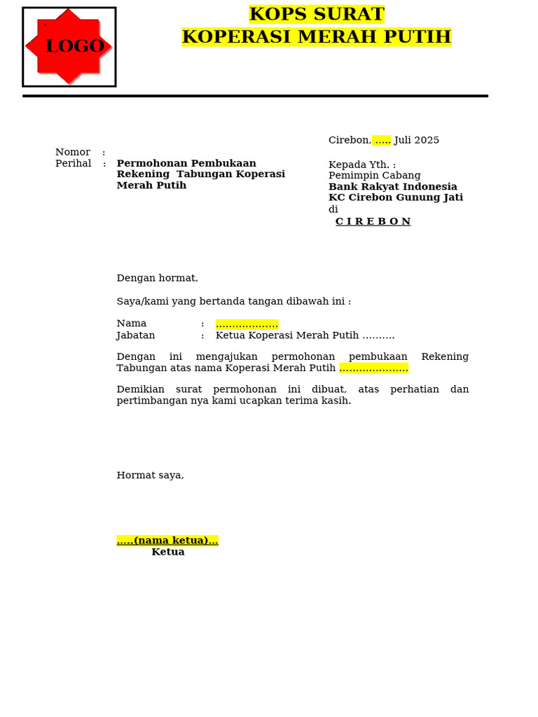 Surat Permohonan Buka Rekening Koperasi Merah Putih | PDF