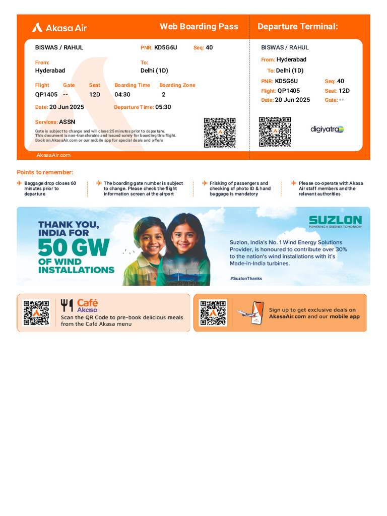 Akasa Air E-Boarding Pass - KD5G6U - R | PDF