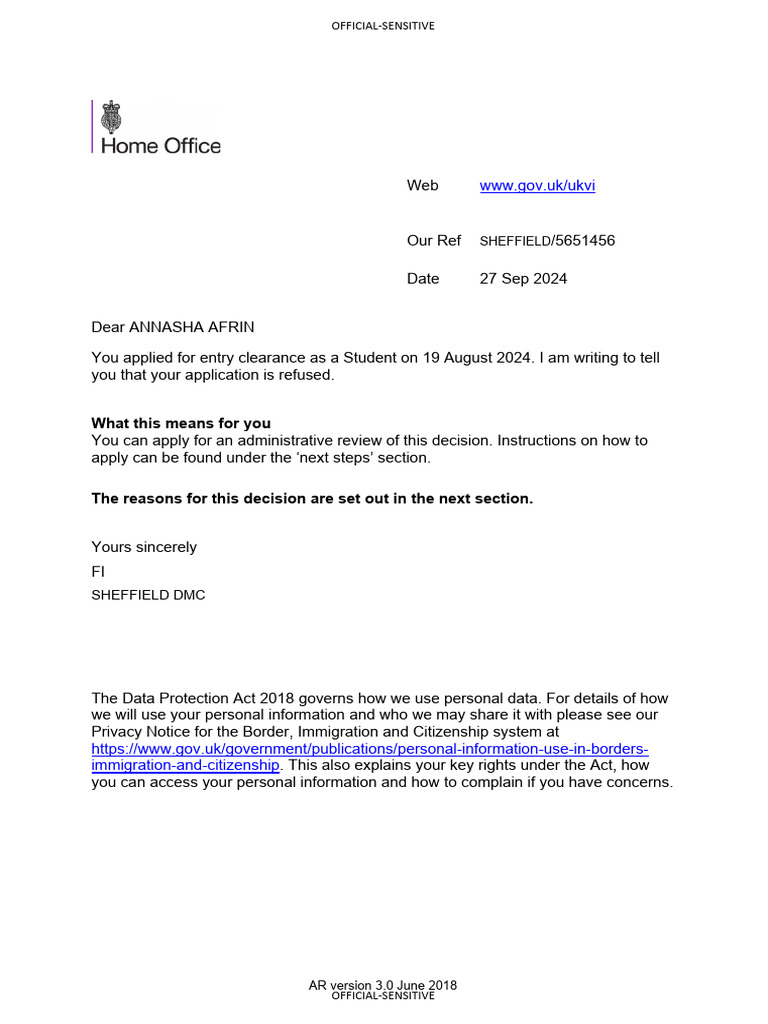 GWF078824502 Refusal Letter2024-10-28 | PDF | Justice | Crime & Violence