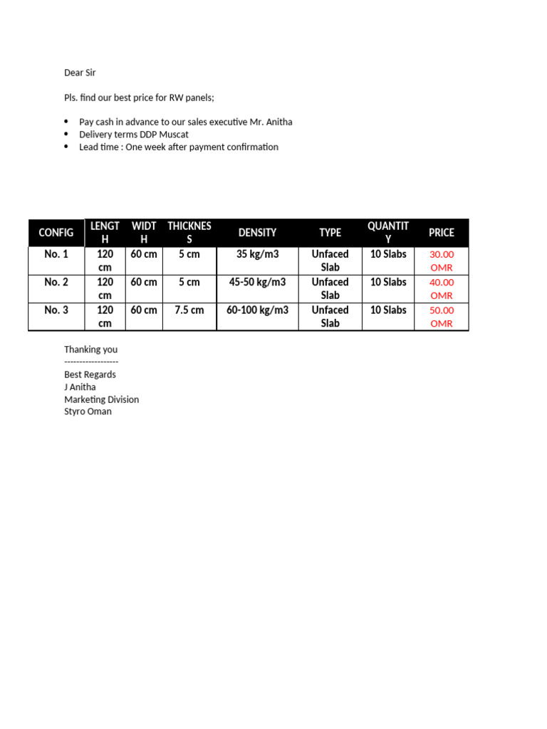 RW Panels Price Quote and Terms | PDF