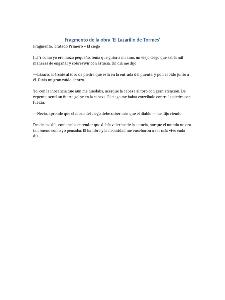 Lázaro y la astucia del ciego en Tormes | PDF