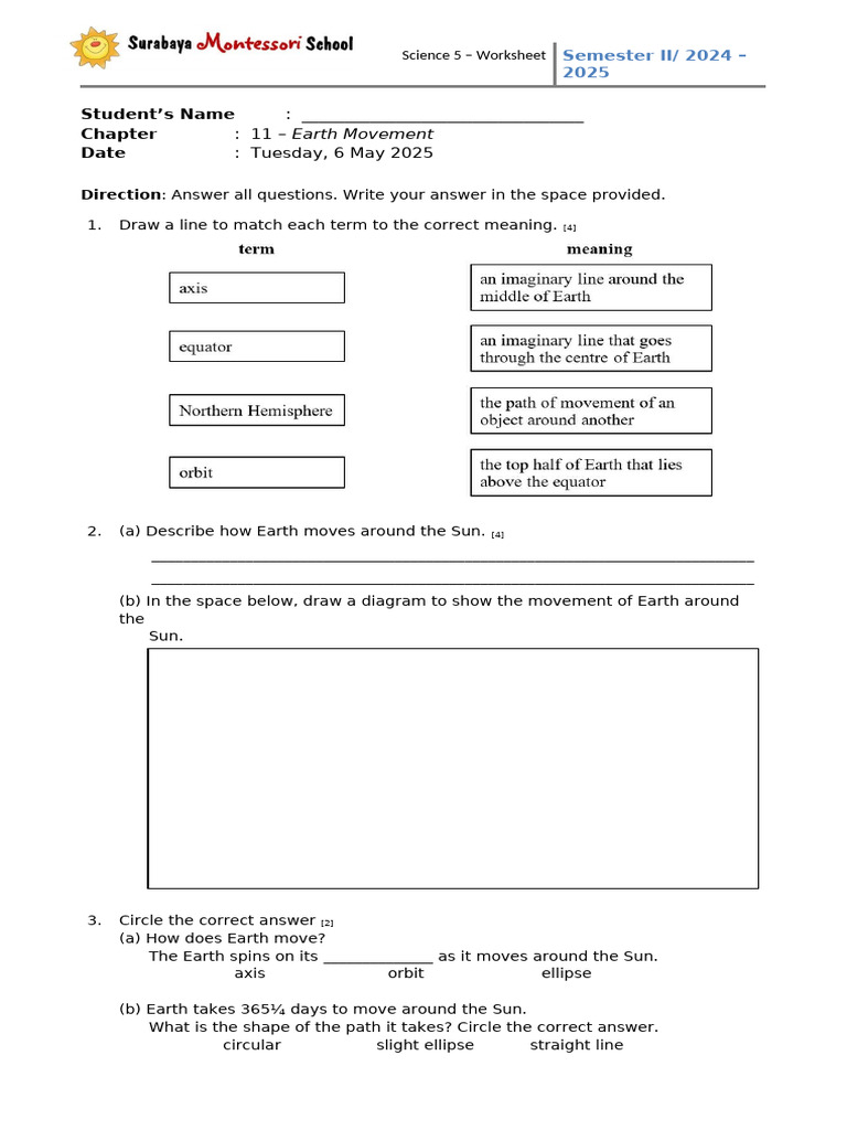 Earth Movement Worksheet for Grade 5 | PDF | Orbit | Earth