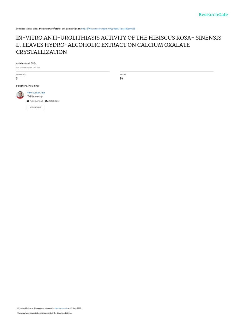 Anti-Urolithiasis Effects of Hibiscus Extract | PDF