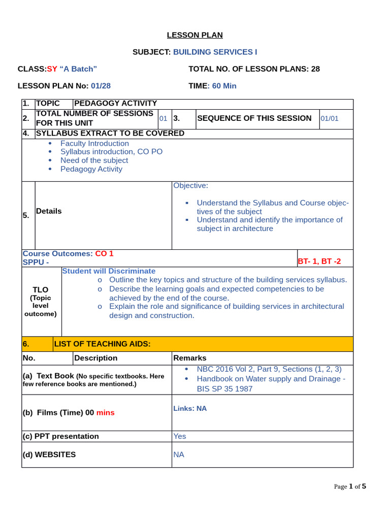 Building Services I Lesson Plan Overview | PDF | Lecture | Lesson Plan