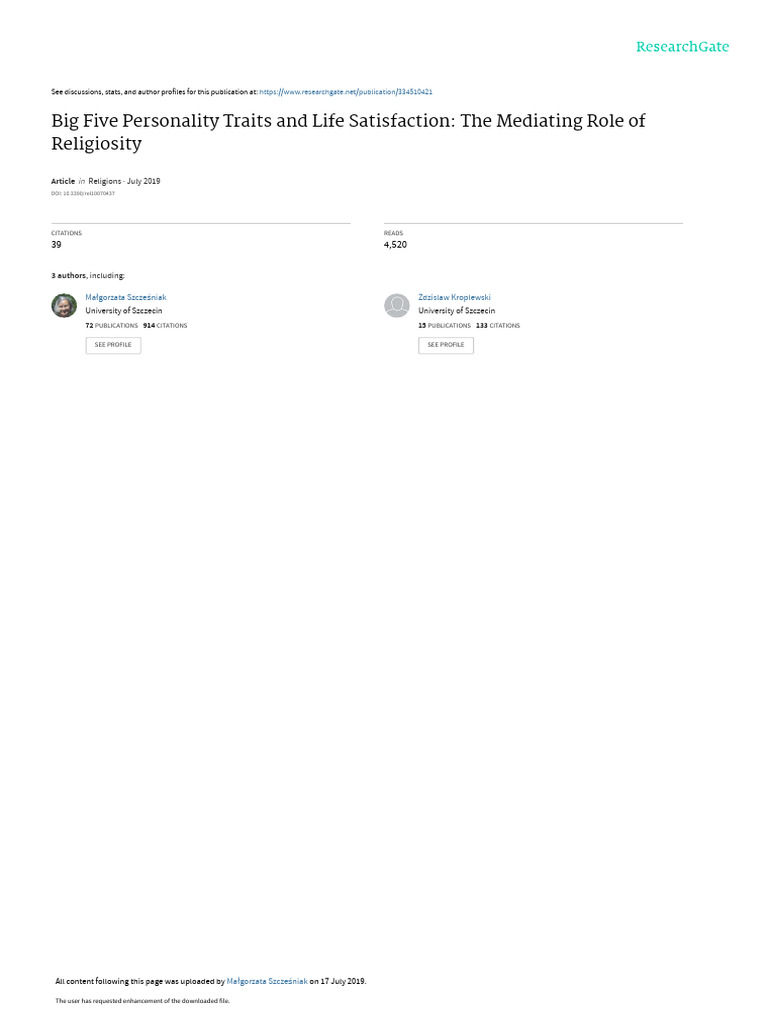 Big Five Personality Traits and Life Satisfaction The Mediating Role of Religiosity | PDF ...