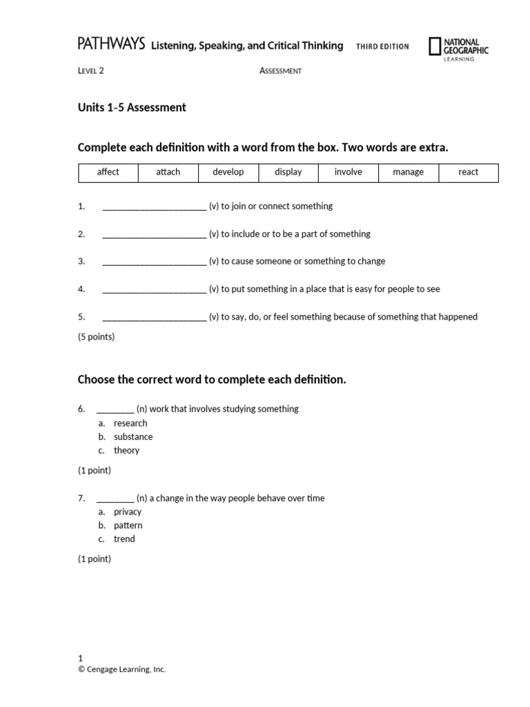 PathwaysLS3e L2 Assessment Units1 5 | PDF | Verb | Pronoun