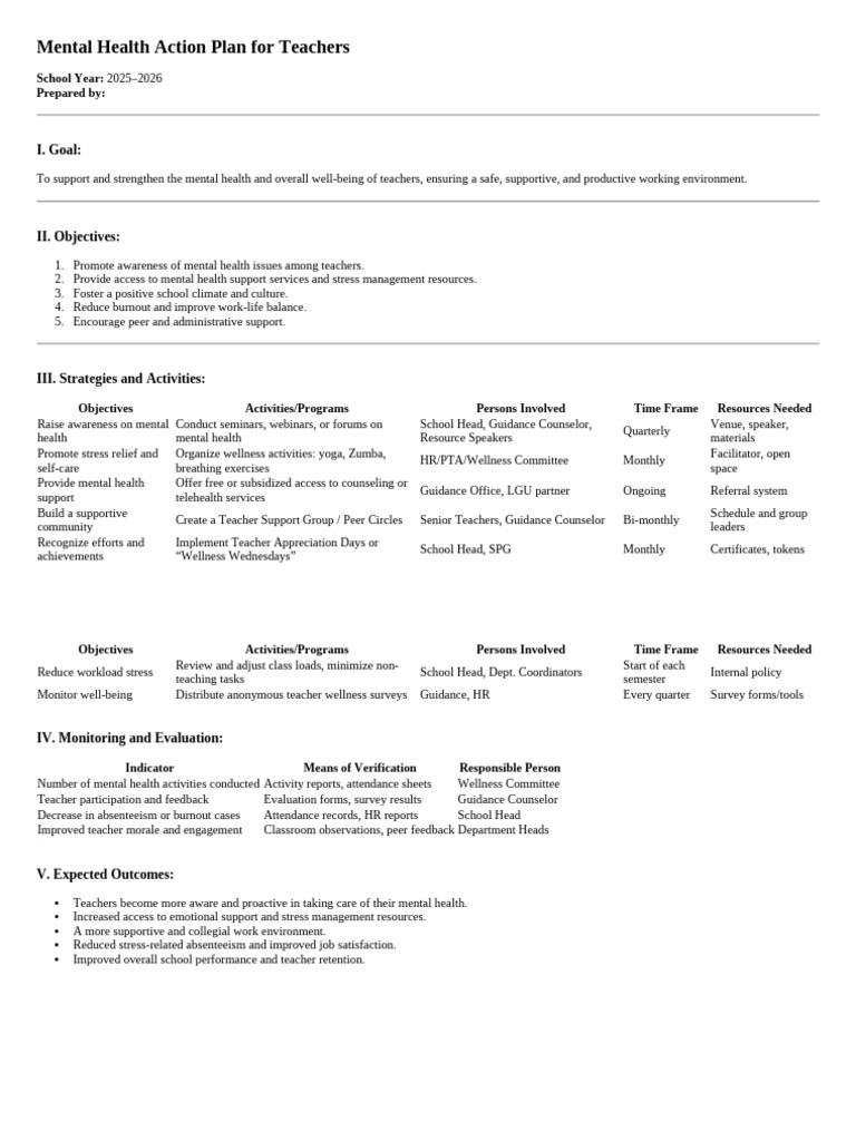 ? Mental Health Action Plan For Teachers | PDF | Teachers | Mental Health