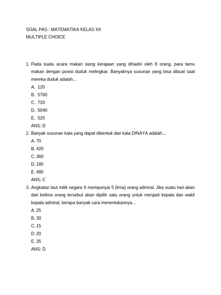 Soal Assesment Sumatif Matematika Kelas Xii | PDF