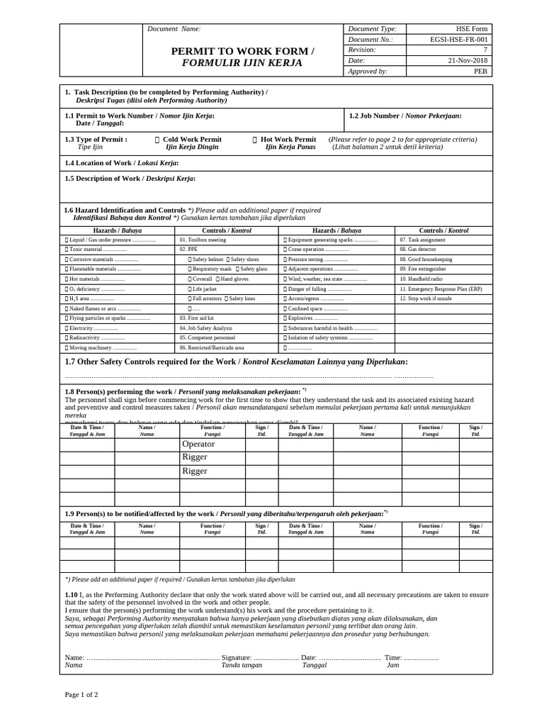 Permit to Work Form Guidelines | PDF | Occupational Safety And Health ...