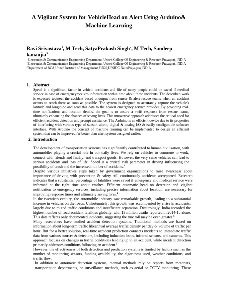 A Vigilant System For VehicleHead On Alert Using Arduino& Machine ...