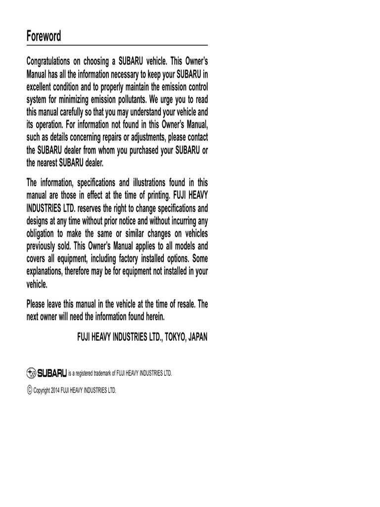 Subaru Owner's Manual Overview | PDF | Seat Belt | Airbag