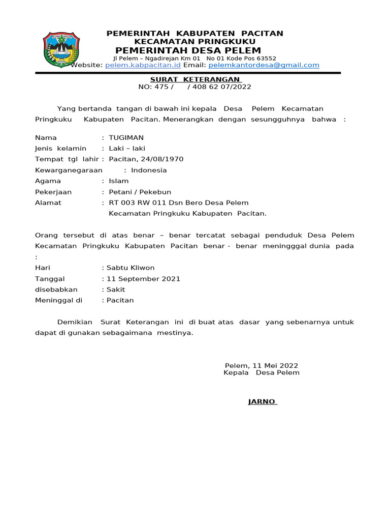 Surat Keterangan Kematian Tugiman | PDF