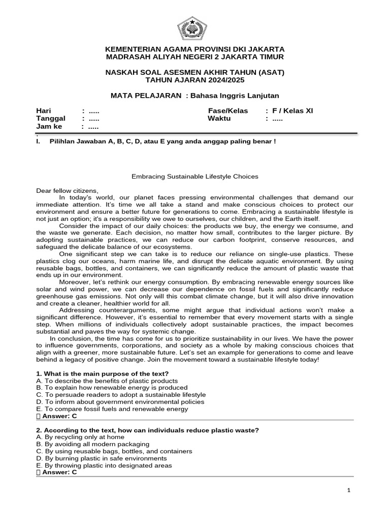 Soal Bahasa Inggris TL Asat 2024-2025 | PDF | Sustainability | Cardiovascular Diseases