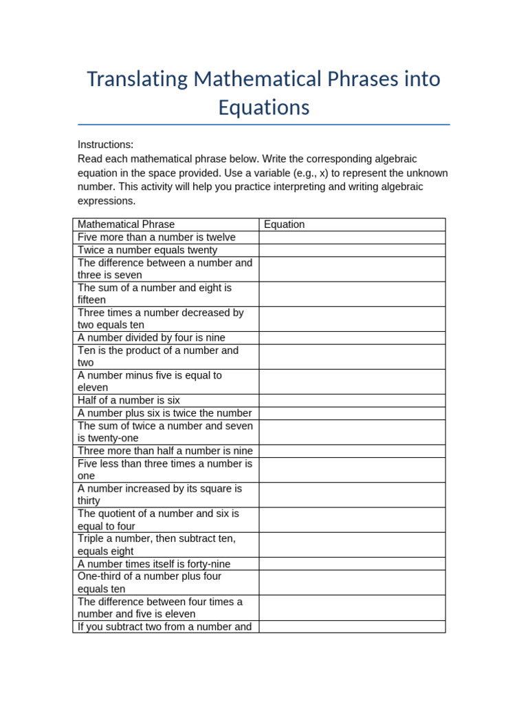 Translating Math Phrases to Equations | PDF