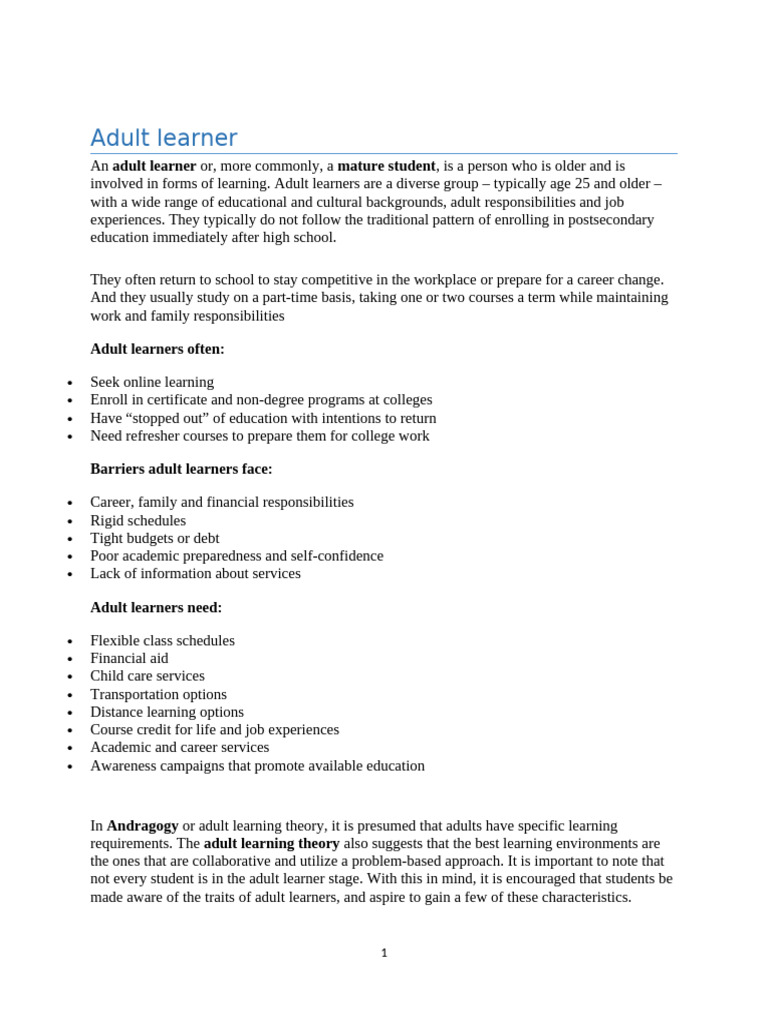 Characteristics of Adult Learning | PDF | Learning | Adult Education