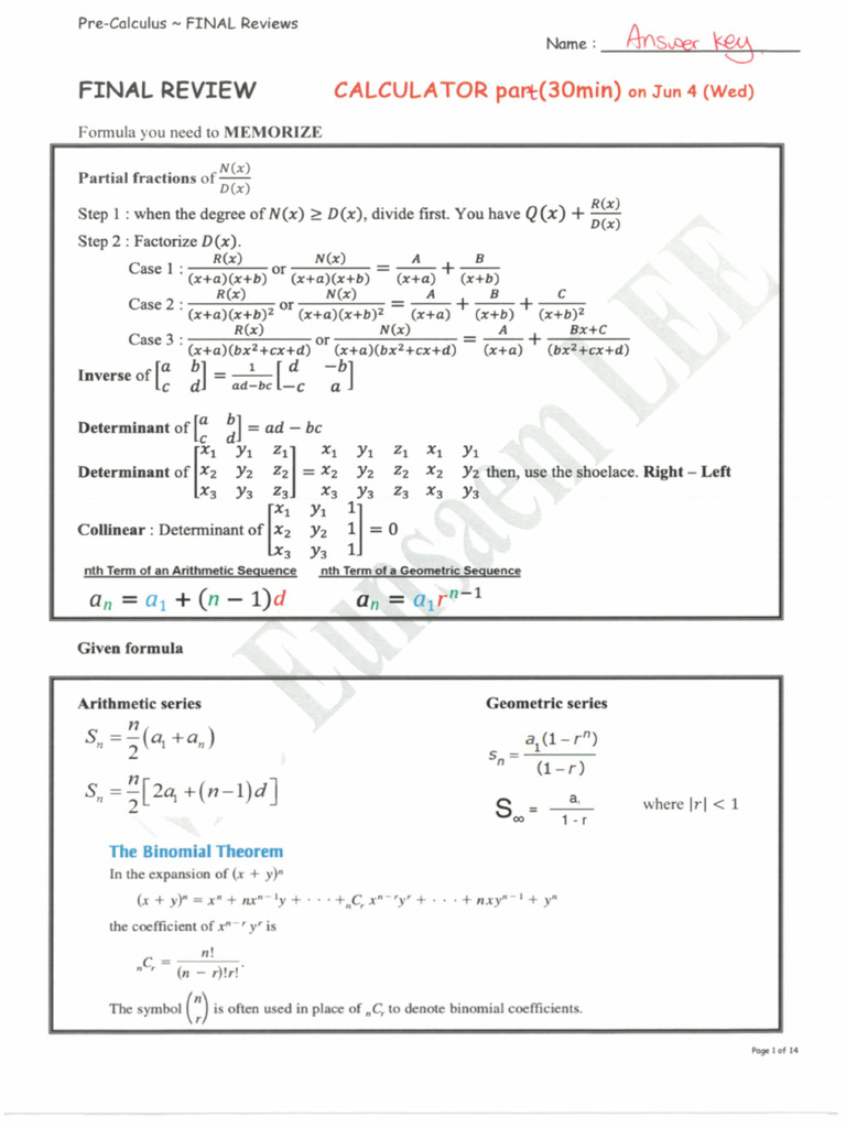 Pre-Calc Final Review (Calculator) (Answer Key) | PDF