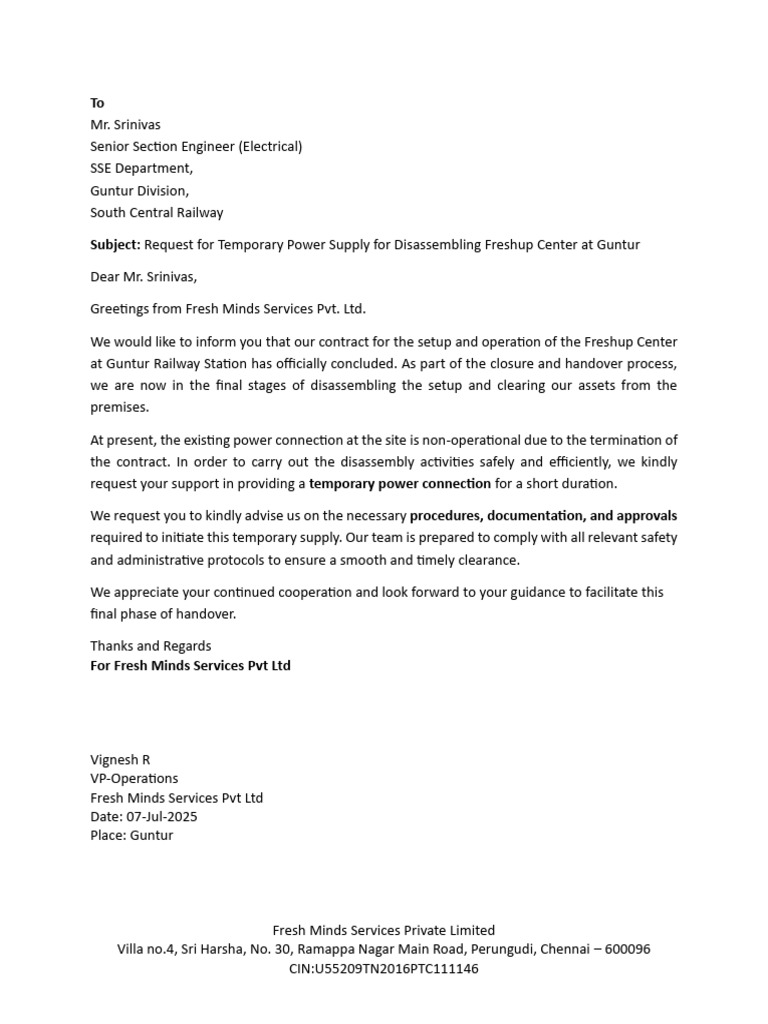 Temporary Power Connection Letter | PDF