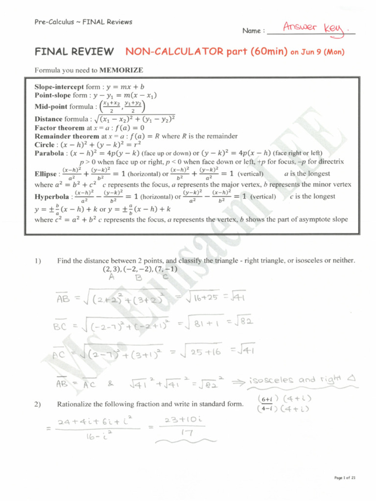 Pre-Calc Final Review (Non-Calculator) (Answer Key) | PDF