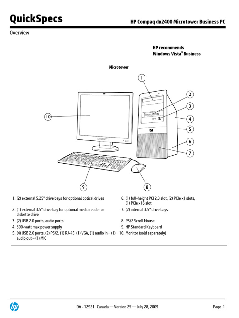 HP Compaq dx2400 Microtower Specs | PDF | Computer Engineering | Computing