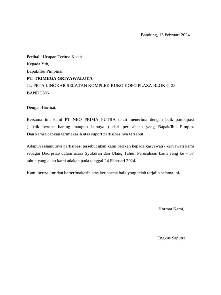 Ucapan Terima Kasih PT NEO PRIMA PUTRA | PDF