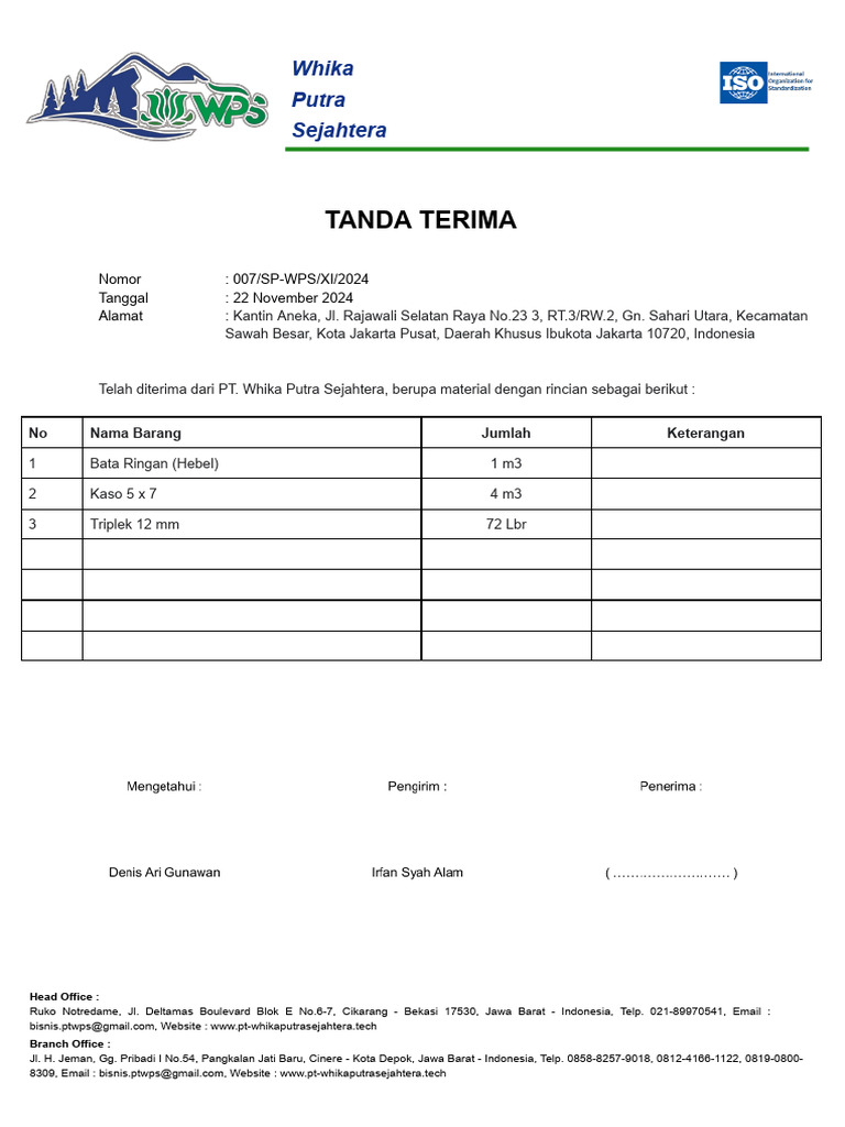 Form Tanda Terima Material 22 Nov | PDF