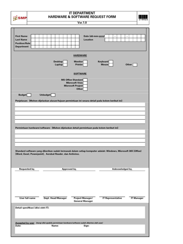 IT002S - Hardware Software Request Form - SMP - v10 | PDF