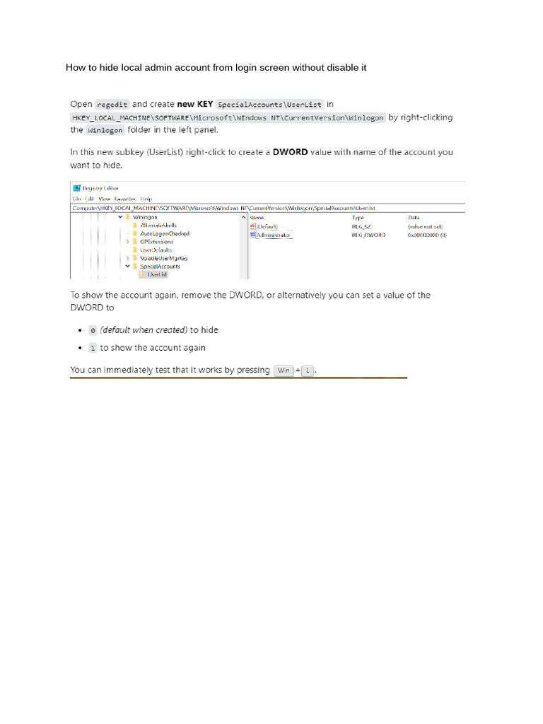 How To Hide Local Admin Account From Login Screen | PDF