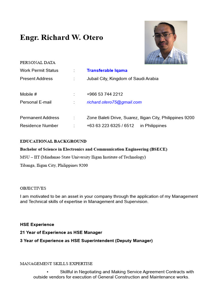 HSE Manager Resume of Richard Otero | PDF | Audit | Saudi Arabia