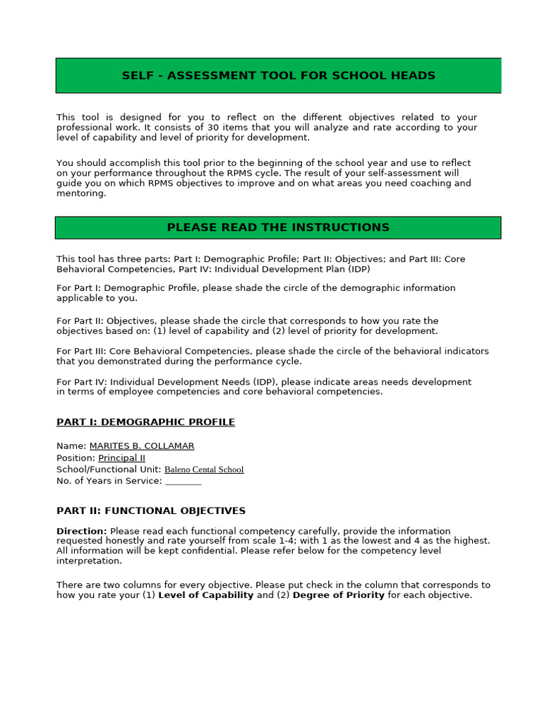 Self-Assessment Tool for School Heads | PDF | Learning | Teachers