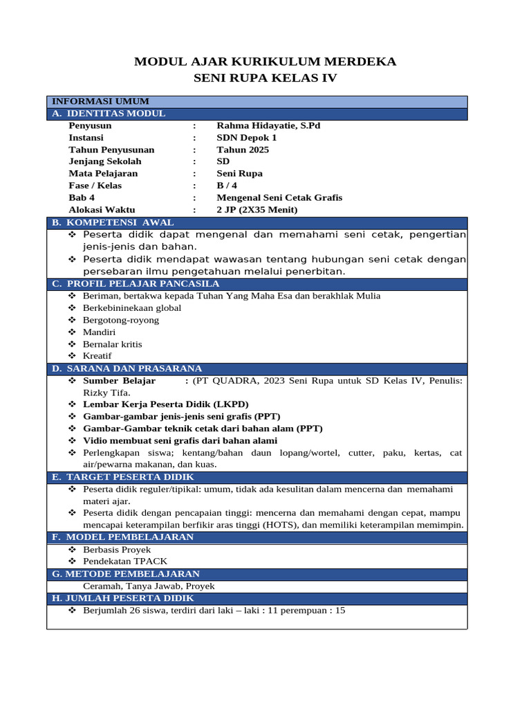 Modul Seni Rupa Kelas IV: Seni Cetak | PDF