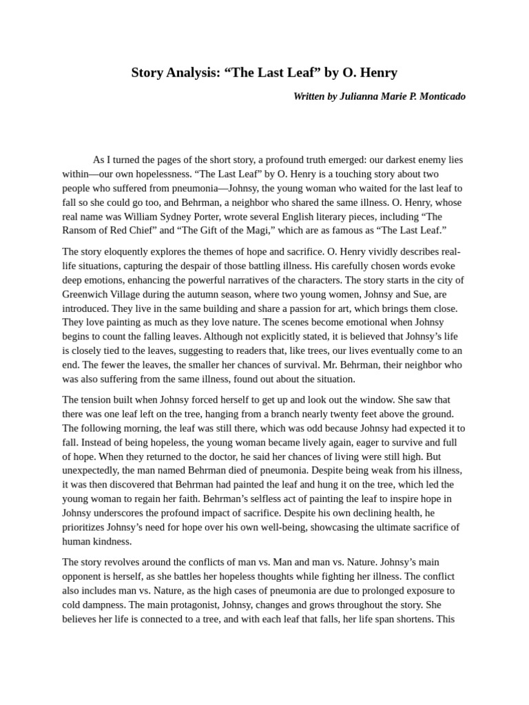 Story Analysis On The Last Leaf | PDF | O. Henry