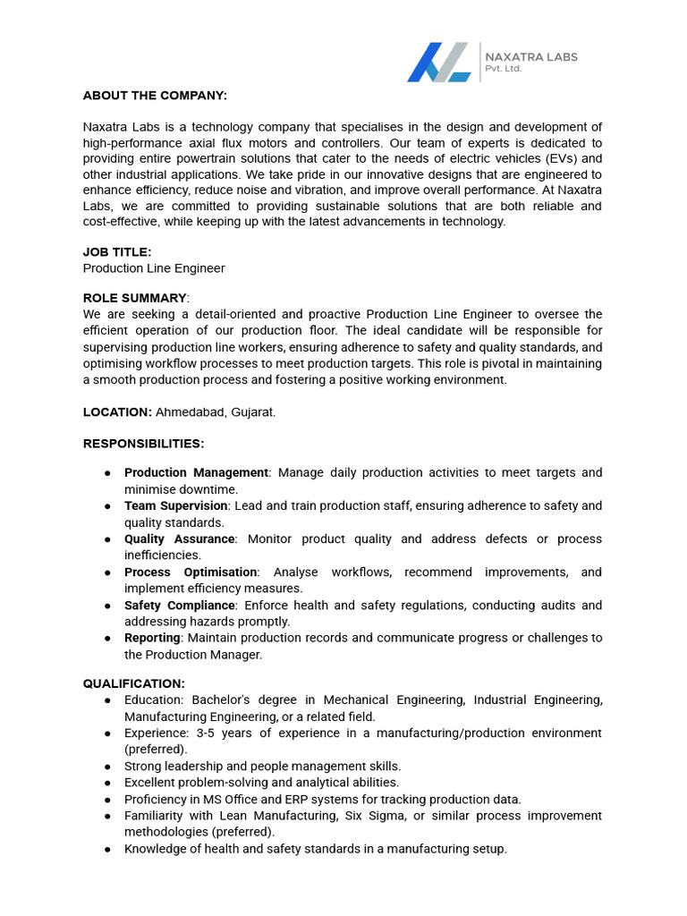 Production Line Engineer at Naxatra Labs | PDF | Safety | Occupational ...