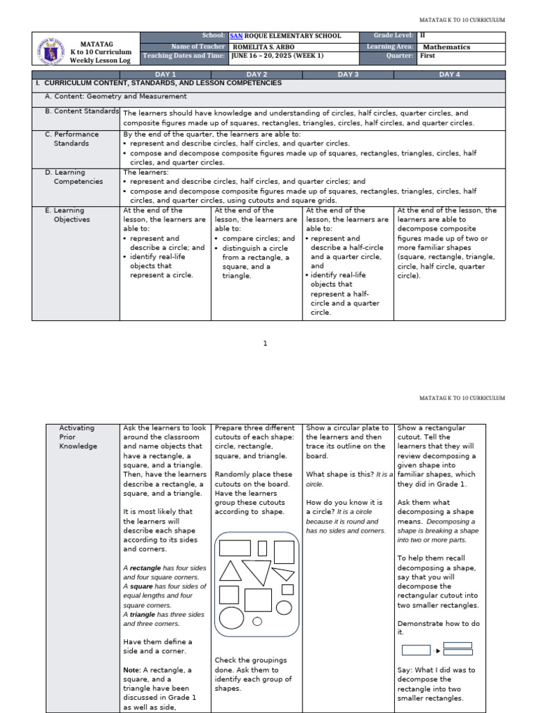 DLL Matatag Mathematics 2 q1 w1 | PDF | Shape | Rectangle