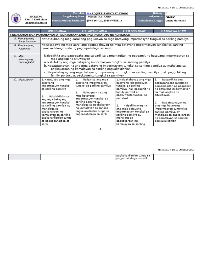 DLL Matatag GMRC 2 q1 w1 | PDF