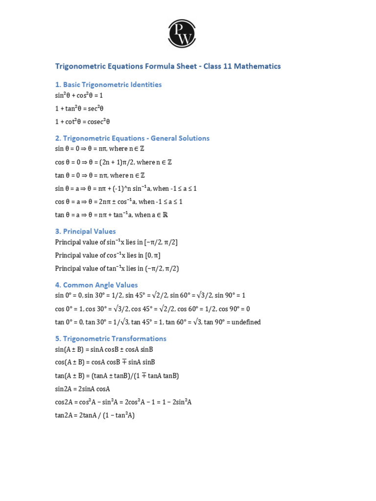 Class 11 Trigonometric Equations Sheet | PDF
