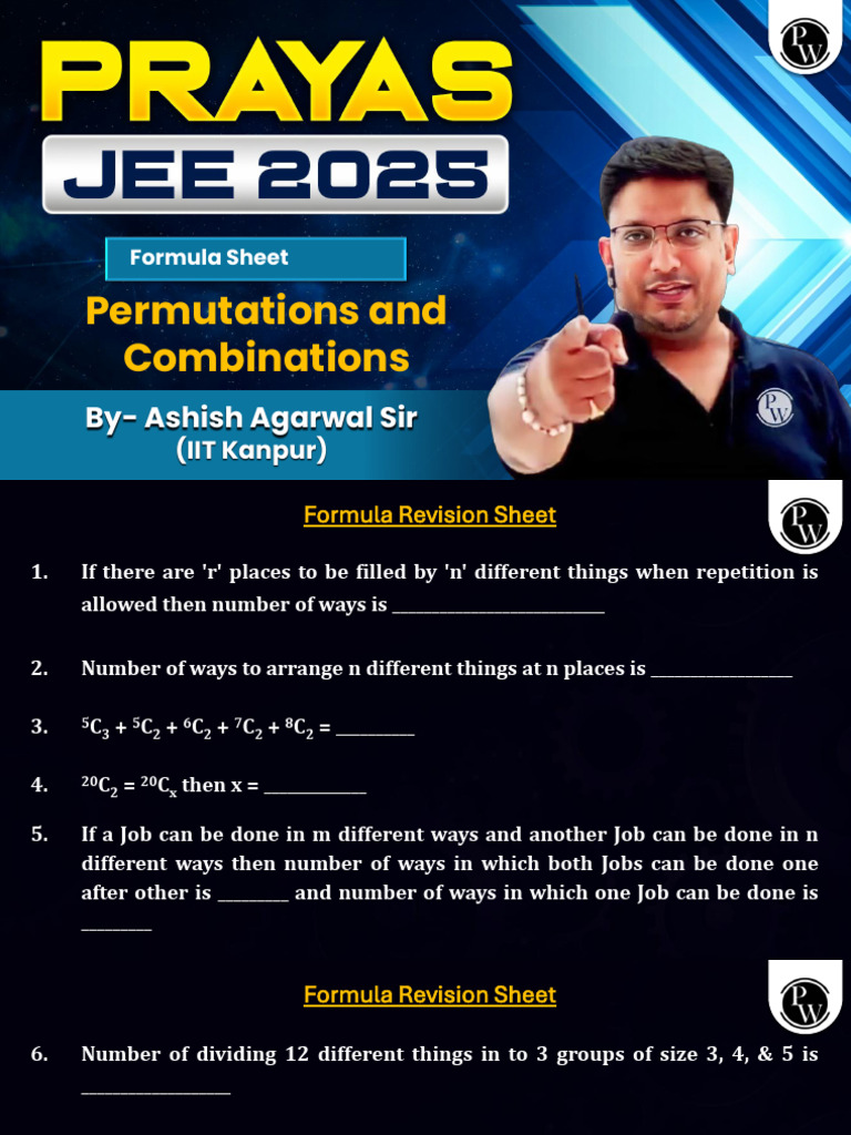 Permutations and Combinations - Formula Sheet - Prayas JEE 2025 | PDF ...