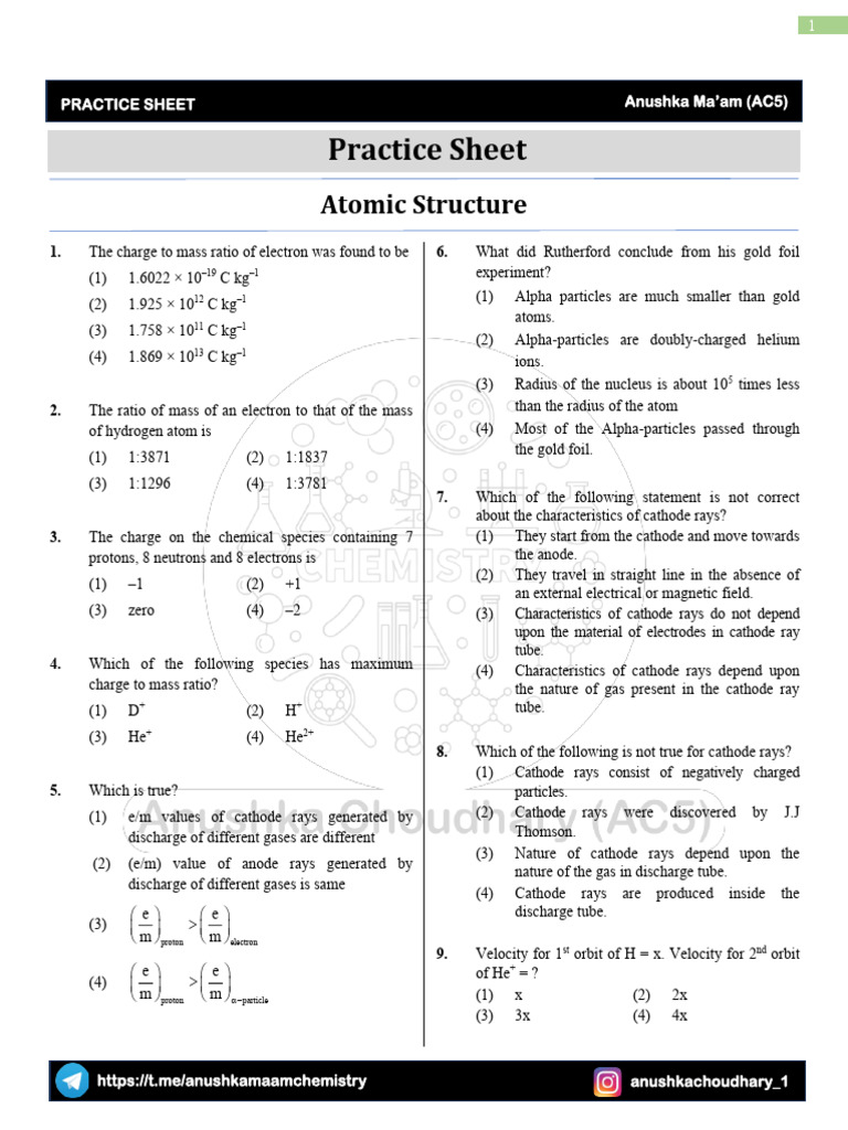 Practice Sheet - Atomic Structure | PDF | Photoelectric Effect | Atoms