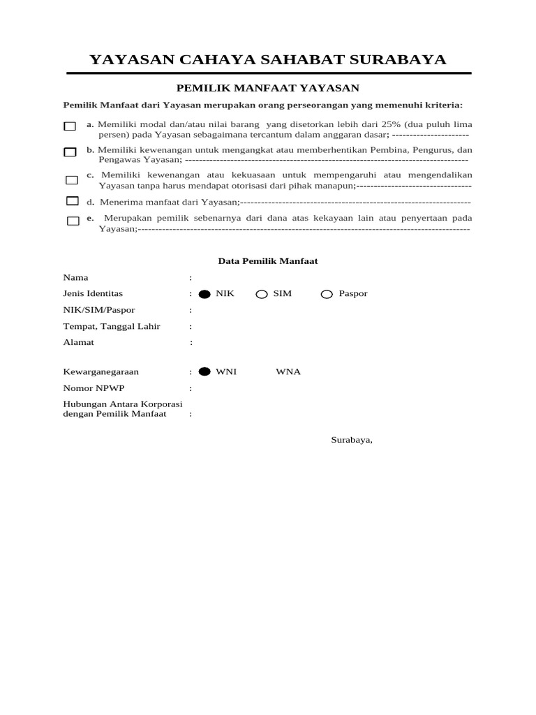 Form Pemilik Manfaat Yayasan | PDF