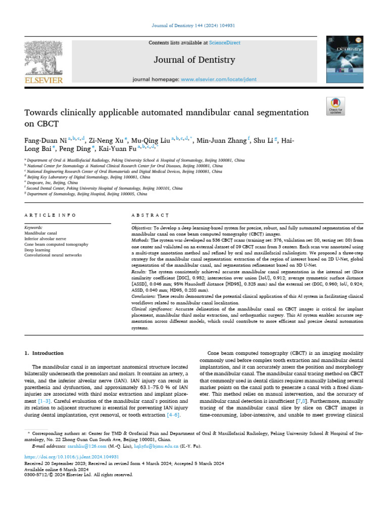 Towards Clinically Applicable Automated Mandibular Canal Segmentation on CBCT (科研通-Ablesci.com ...