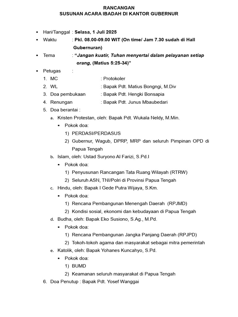 Rancangan Susunan Acara Ibadah Di Kantor Gubernur | PDF