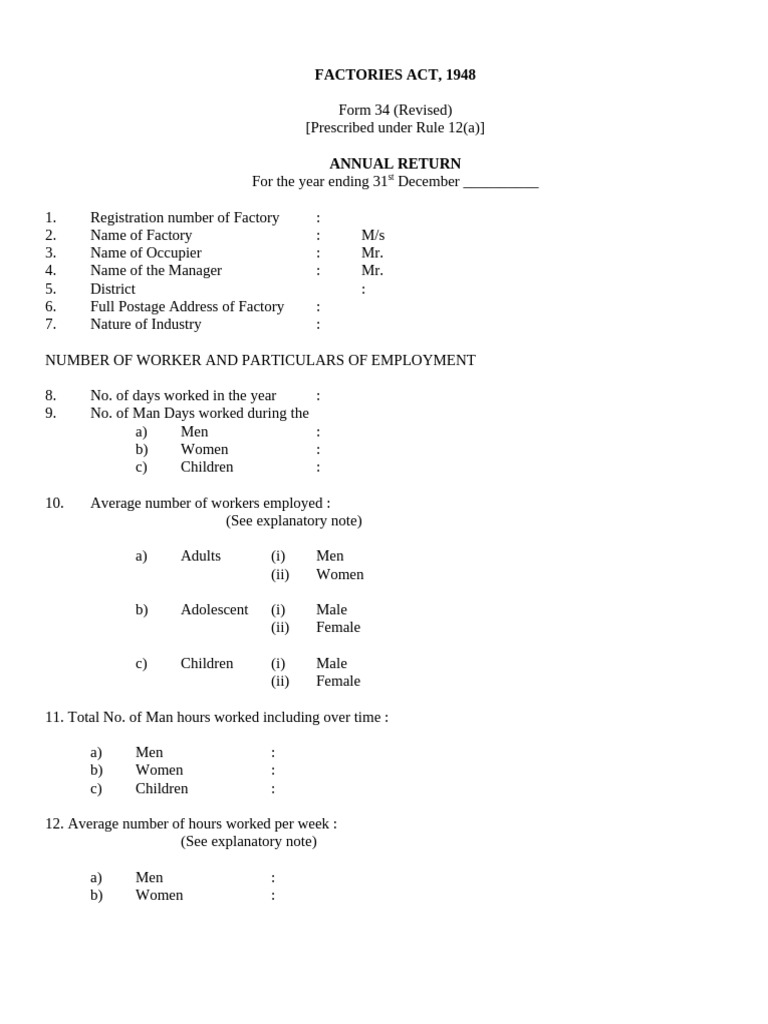 Annual Factory Return Form 34 | PDF | Employment | Overtime