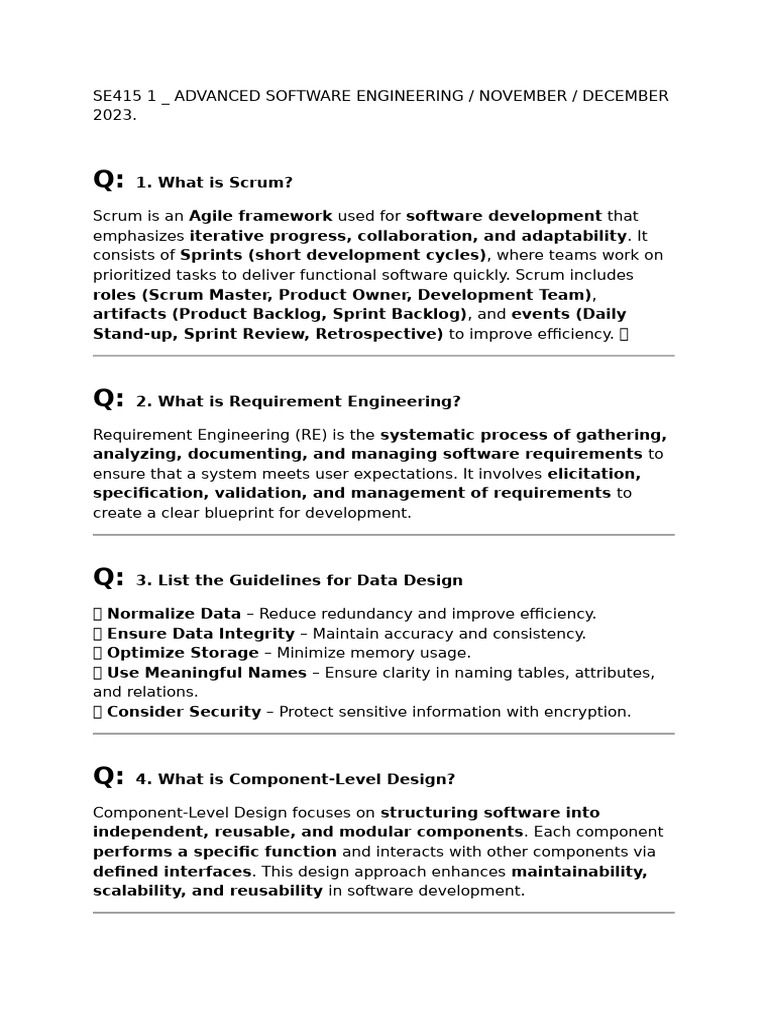 Advanced Software Engineering Questions and Answers | PDF | Agile ...