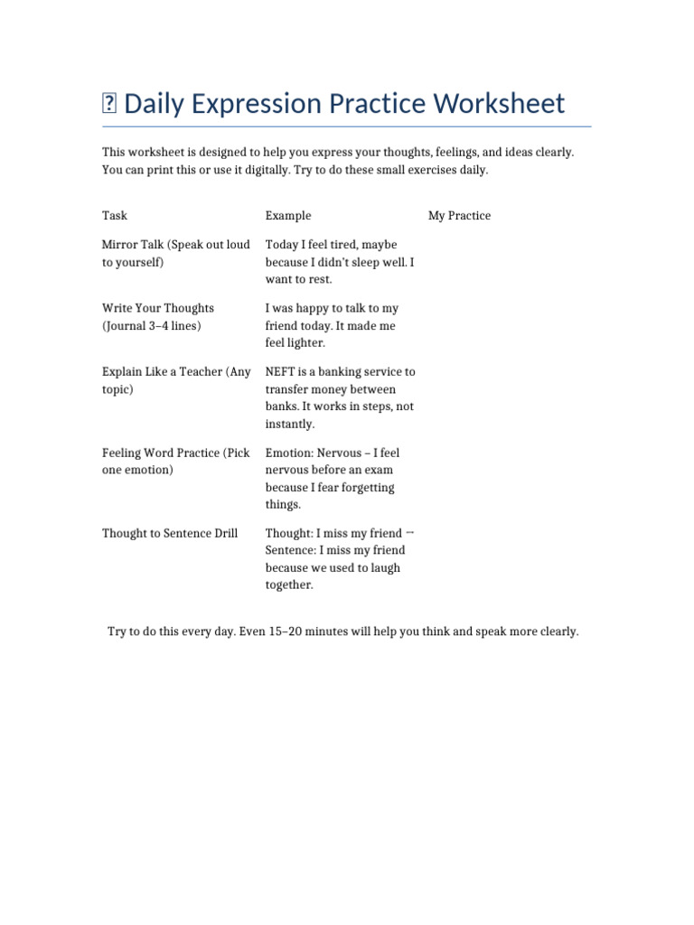 Daily Expression Practice Worksheet | PDF
