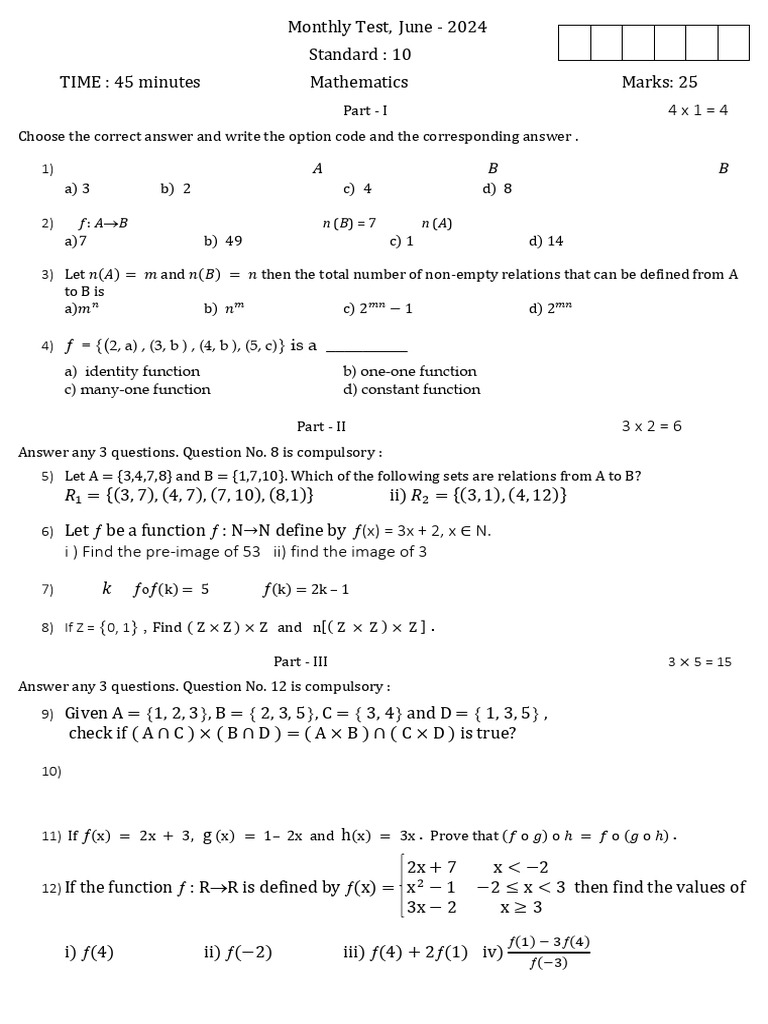 10th Maths Monthly Test June 2024 Question Paper English Medium PDF ...