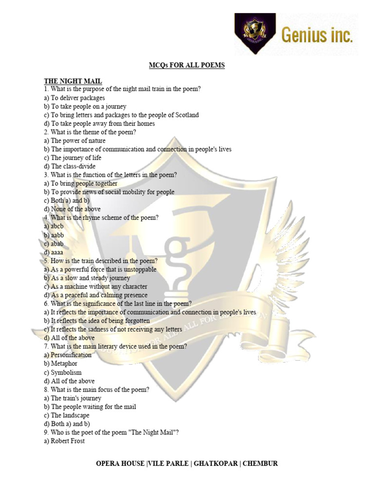 Treasure Chest 1st Five Poems - All Possible MCQs | PDF | Poetry