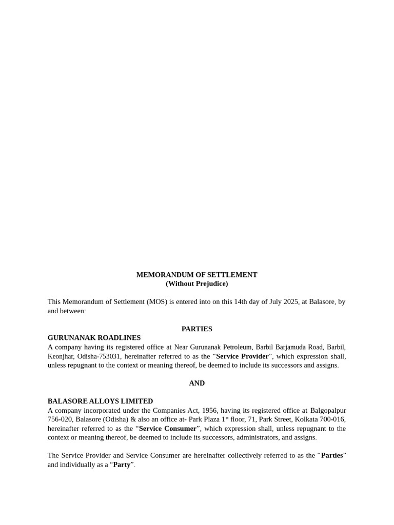 Memorandum of Settlement - Gurunanak Roadlines | PDF | Debtor | Payments