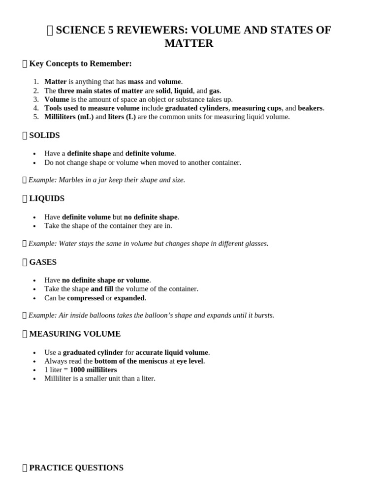 Sci 5 Reviewer Prelim Q1 | PDF | Volume | Applied And Interdisciplinary Physics