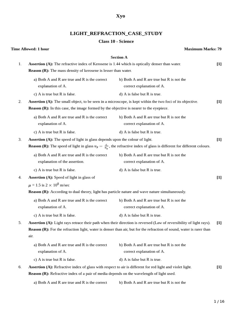 Class 10 Light Refraction Case Study | PDF | Refraction | Optics