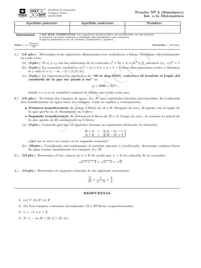 Int p2 2025 1 (Simulacro) | PDF | Matemáticas | Objetos matemáticos
